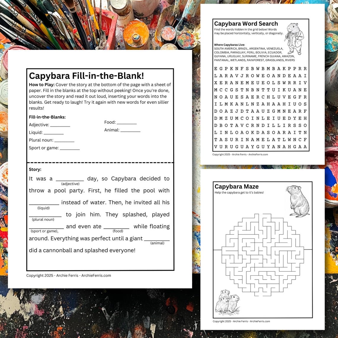 Capybara Activity Pack – 18 Pages of Mazes, Word Searches & Funny Fill ...