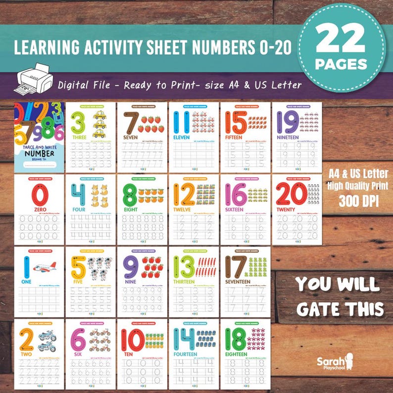TRACING NUMBER 0-20 Worksheets for Preschool + Kindergarten - Etsy