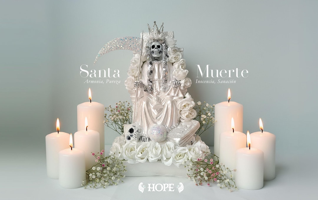 White Saint Death Seated on a Throne With Flowers and a Crown ...