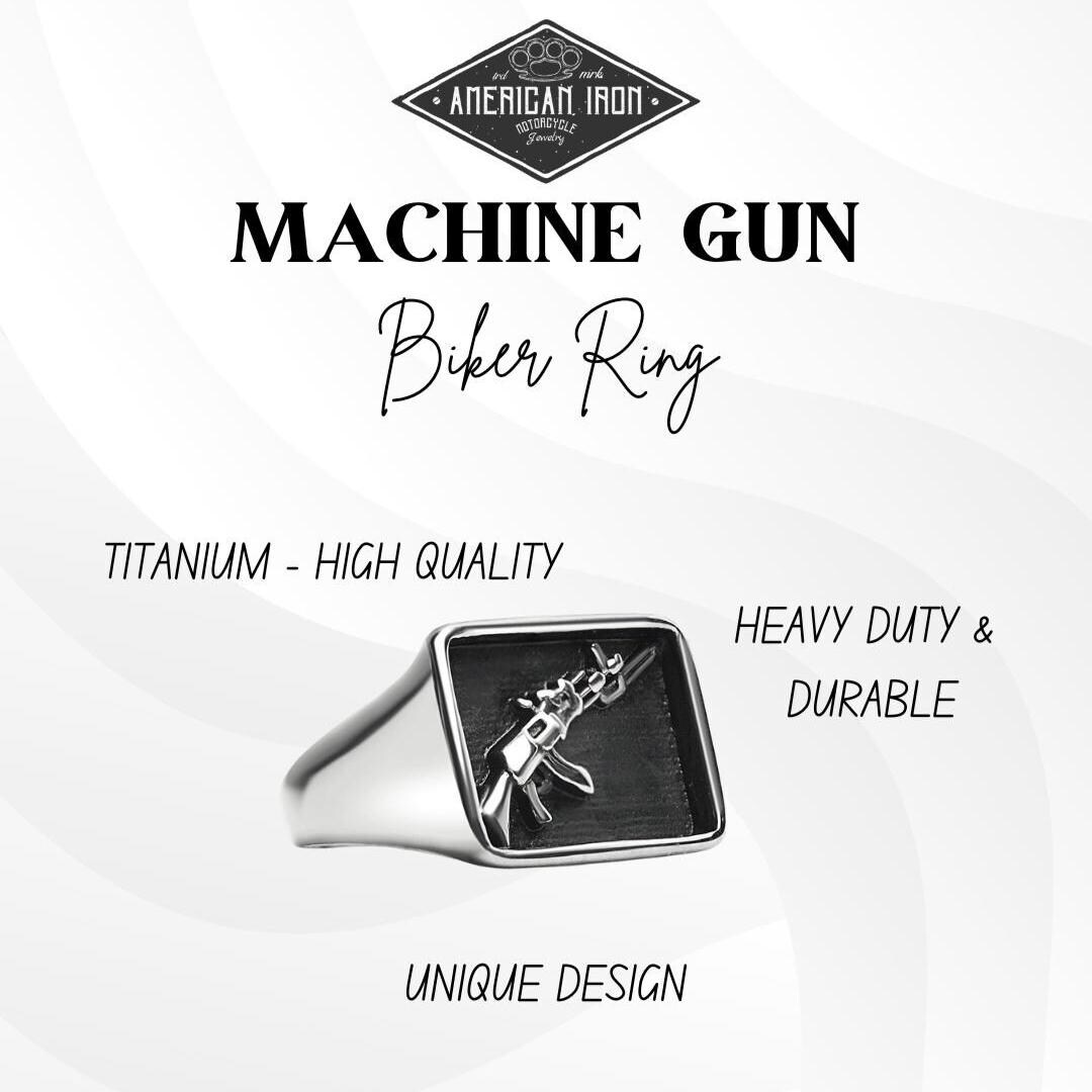 Mens Biker Ring Machine Gun Design 2A Style Heavy Duty Durable Titanium ...