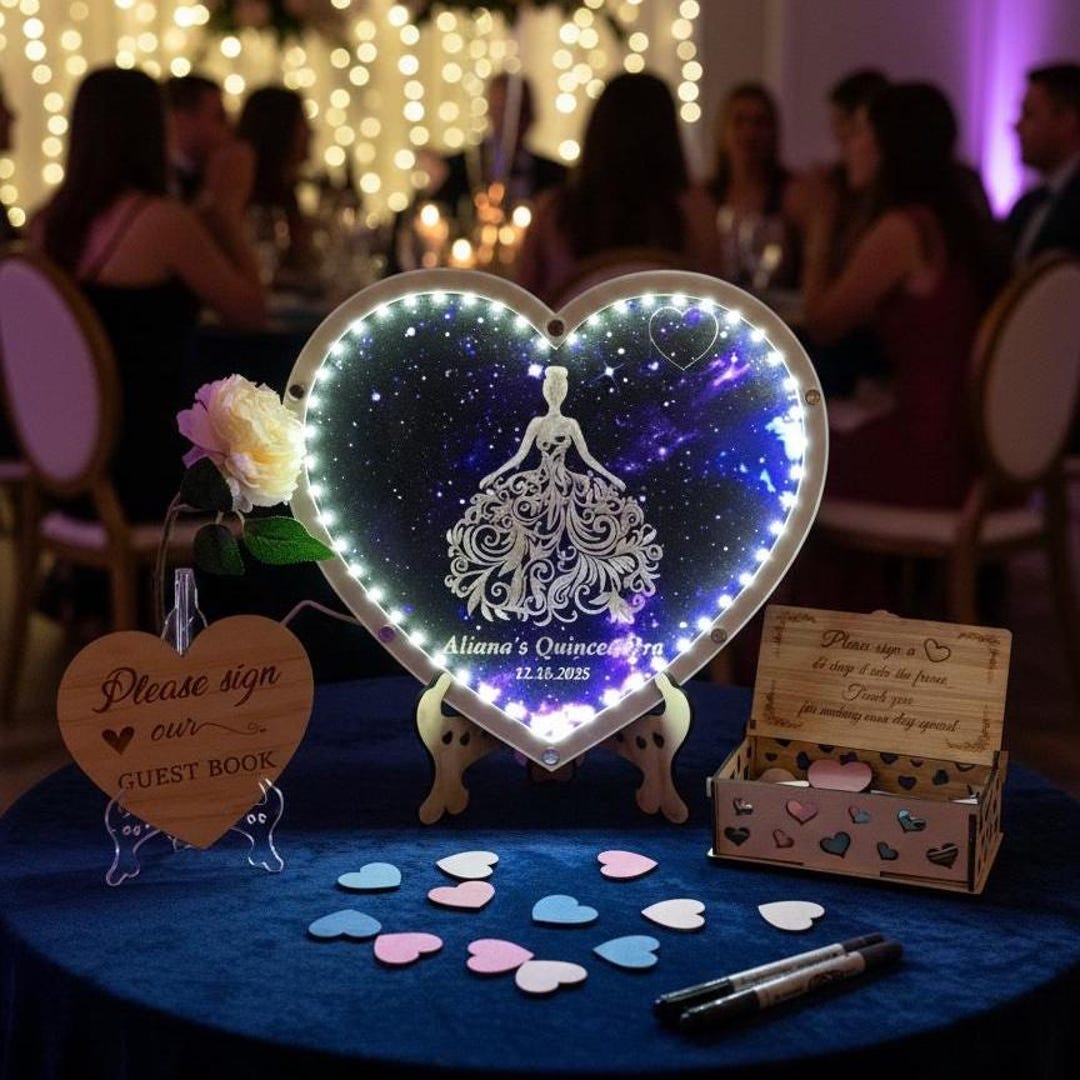 Quinceañera Guest Book Alternative, Personalized Heart Light Guest Book ...