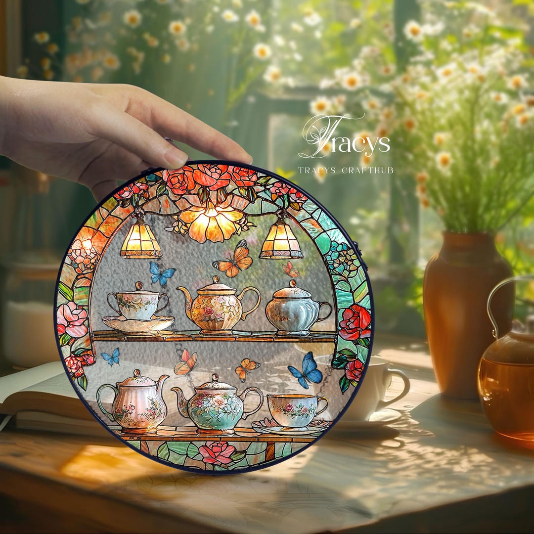 Cottagecore Floral Teacup Shelf Faux Stained Glass Suncatcher ...