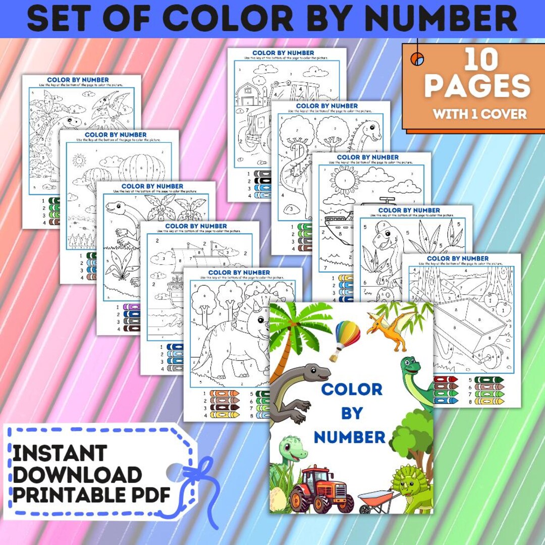 Dinosaur Color by Number Printable for Kids | 10 Fun Pages | PDF ...