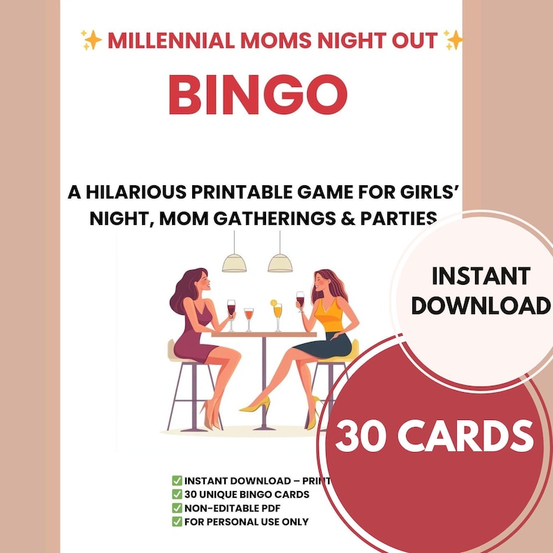 Millennial Mom Night Out Bingo - Printable Game - Funny Mom Party Game ...