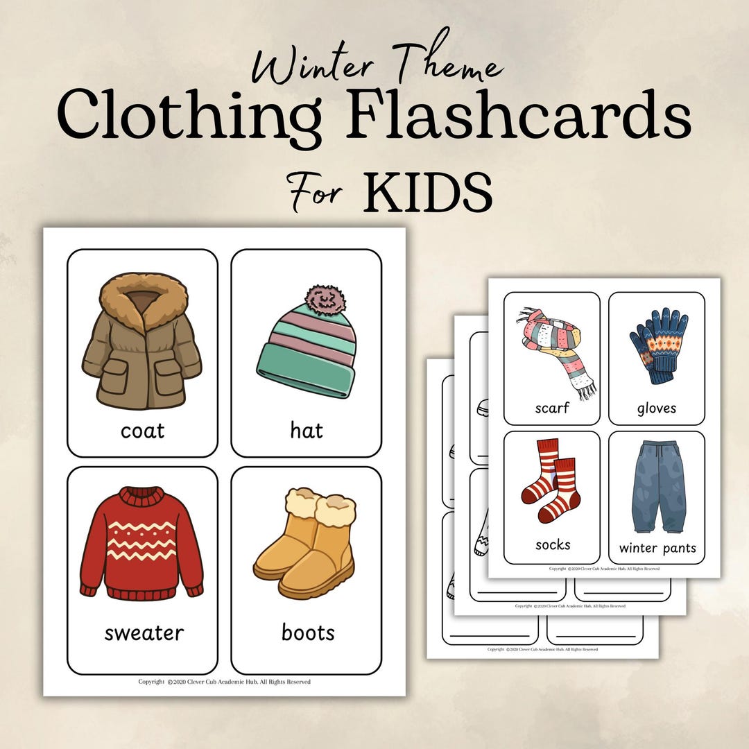 Clothes Flashcards Printable, Winter Worksheet Cards for Kids, Winter ...