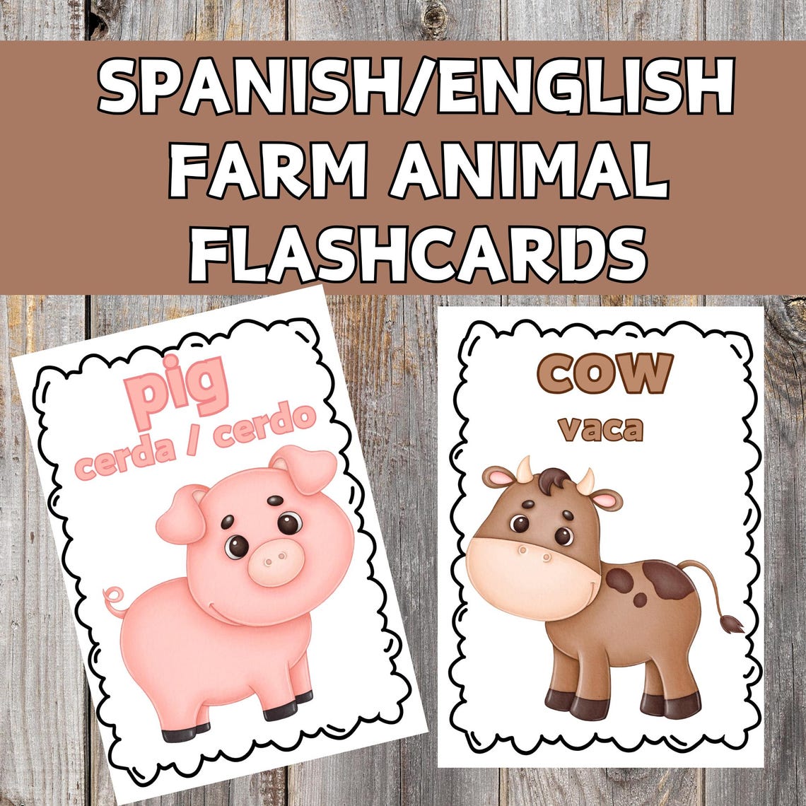 Farm Animal Flashcards: Spanish English Learning (PDF Download) - Etsy