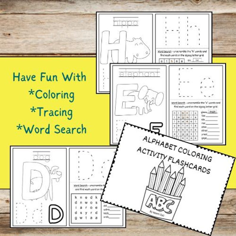 Alphabet Coloring Flashcards: Letter Tracing & Word Search (PDF) - Etsy