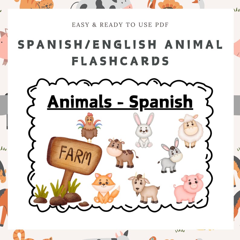 Farm Animal Flashcards: Spanish English Learning (PDF Download) - Etsy
