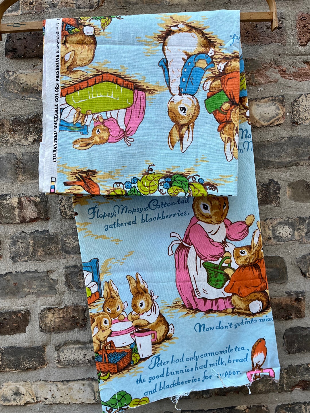 70s Vintage Beatrix Potter Material , Block Print Fabric , Sewing ...