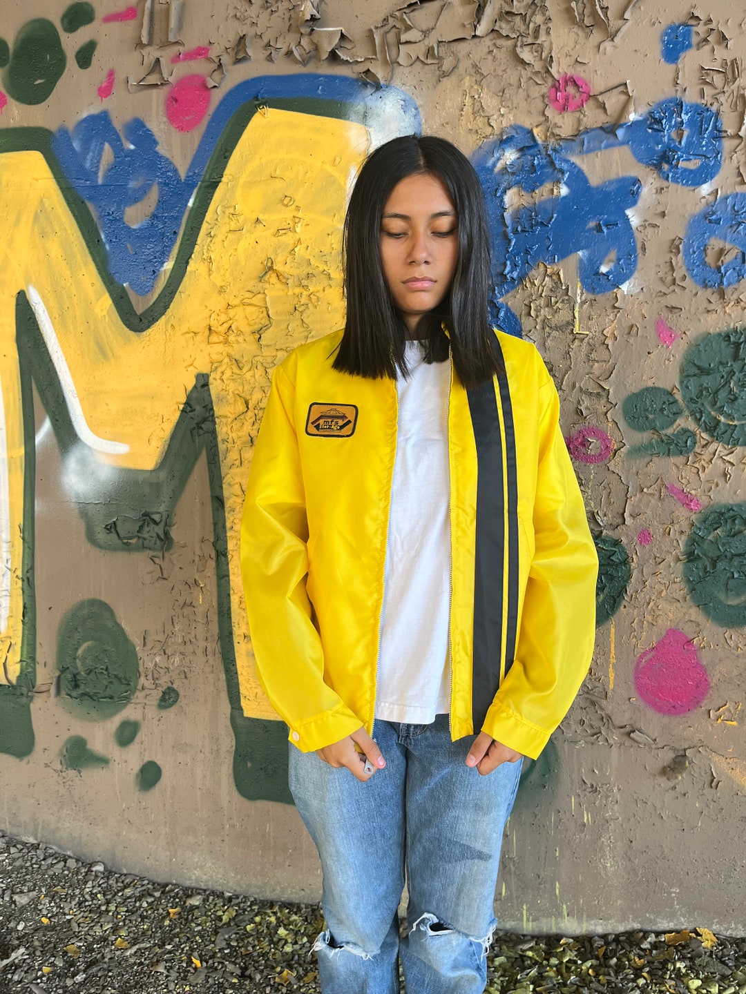 70s 80s Yellow Nylon Windbreaker , Yellow Jacket , Zip up , Louisville ...
