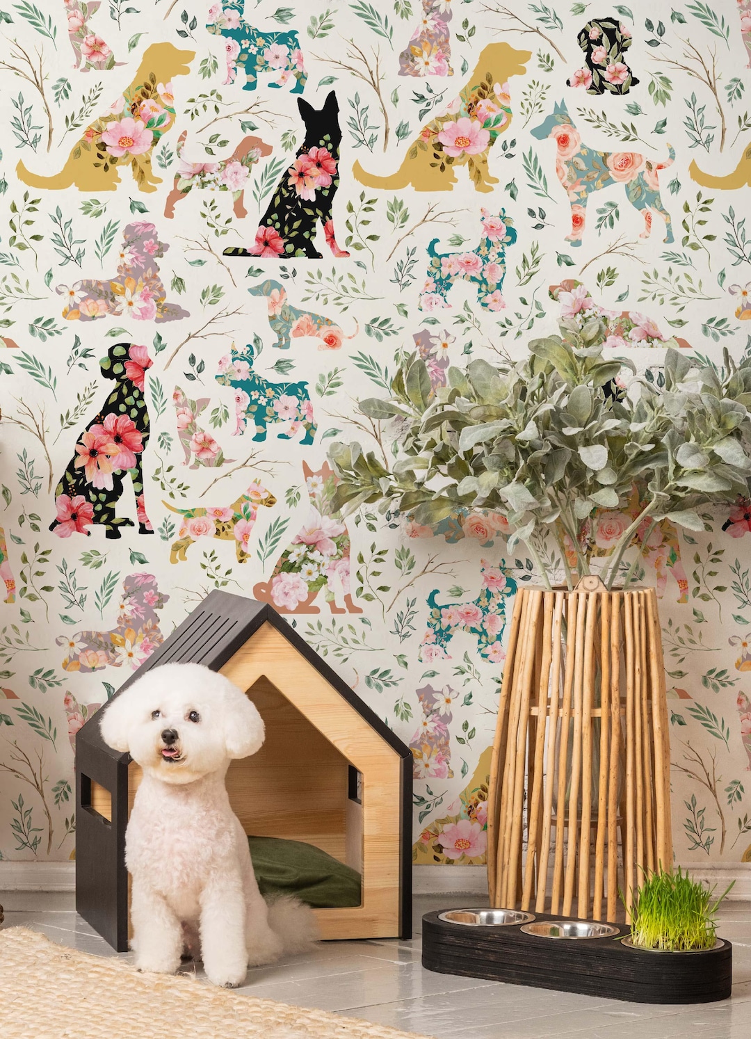 Colorful Dog Wallpaper Flora Pattern Dog Wall Decal Dog Lover Wall ...