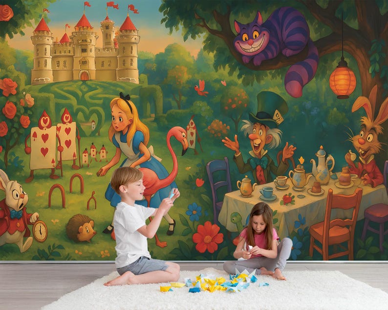 Alice in Wonderland Wallpaper Alice Wall Decal Hatter Wall Sticker Red ...