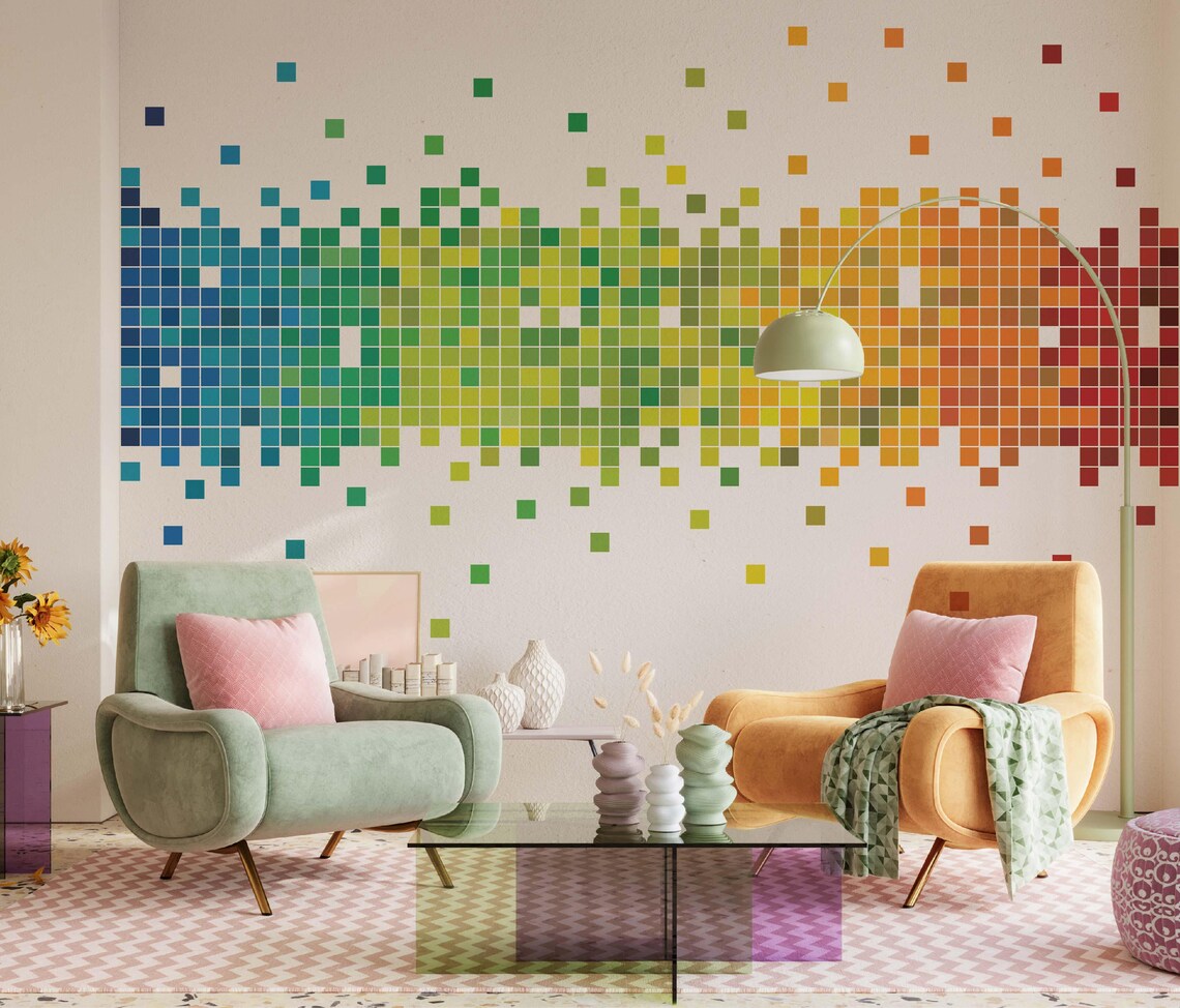 Colorful Pixel Wall Decal Rainbow Pixel Wall Sticker Pixel Block Wall ...