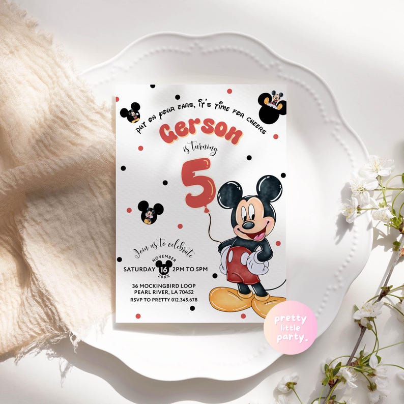 Turns FIVE Mickey Mouse Birthday Party Invitation | 5th Watercolor ...