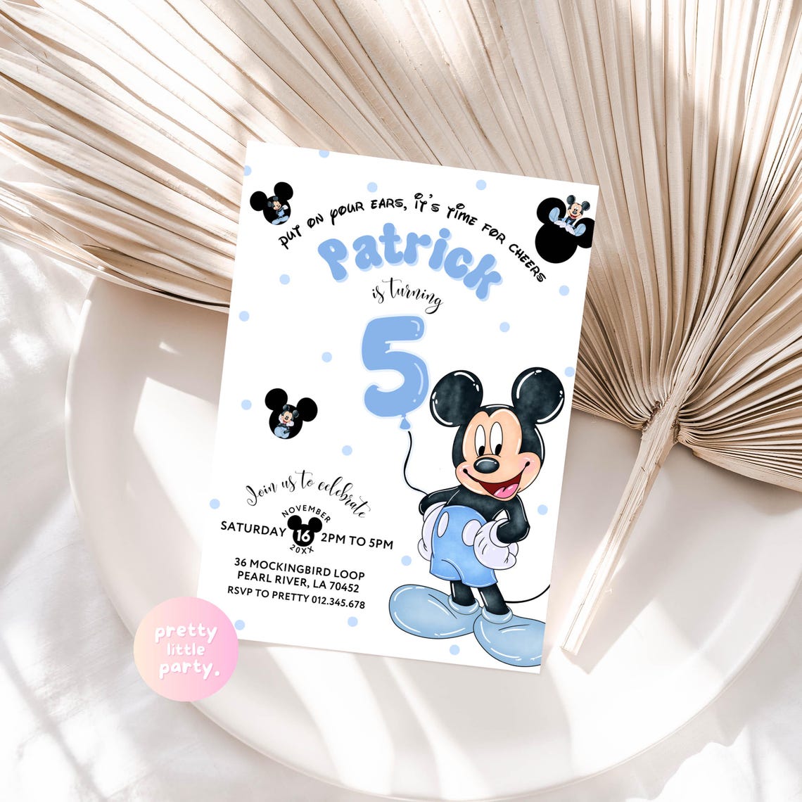 Turns FIVE Mickey Mouse Birthday Party Invitation | 5th Watercolor ...