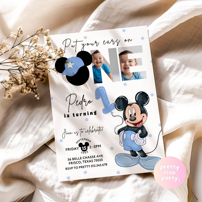Turns ONE Mickey Mouse Birthday Party Invitation With Photo | 1st ...