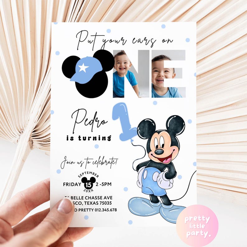 Turns ONE Mickey Mouse Birthday Party Invitation With Photo | 1st ...