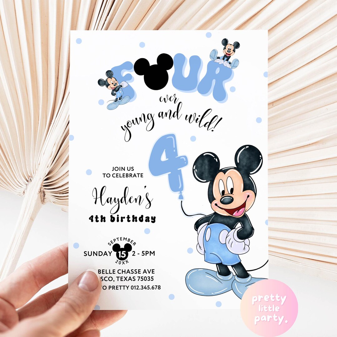 FOUR Ever Young & Wild Mickey Mouse Birthday Party Invitation | 4th ...