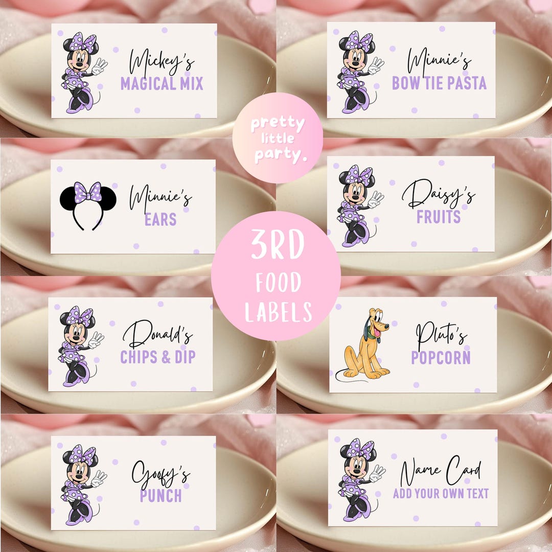 Purple 3rd Minnie Mouse Birthday Party Food Labels | Lilac Minnie Mouse ...