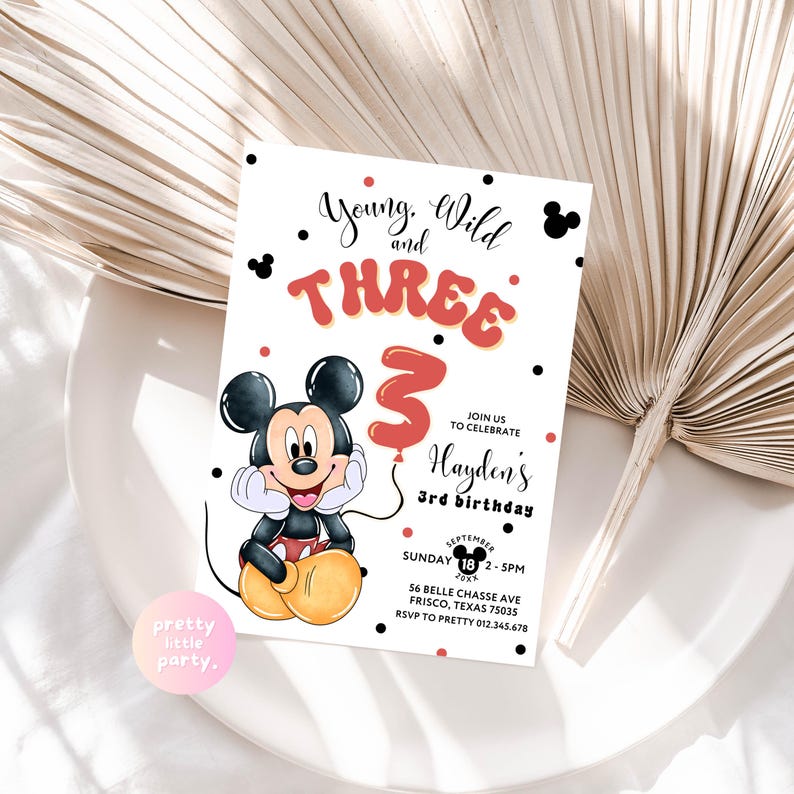 Young Wild & THREE Mickey Mouse Birthday Party Invitation | 3rd Mickey ...