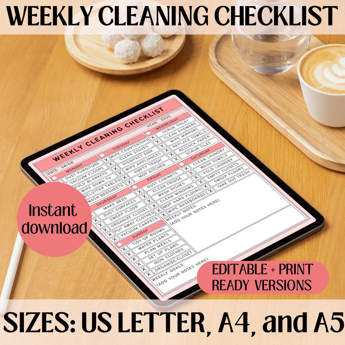 Editable Weekly Cleaning Checklist Printable | House Cleaning Planner ...