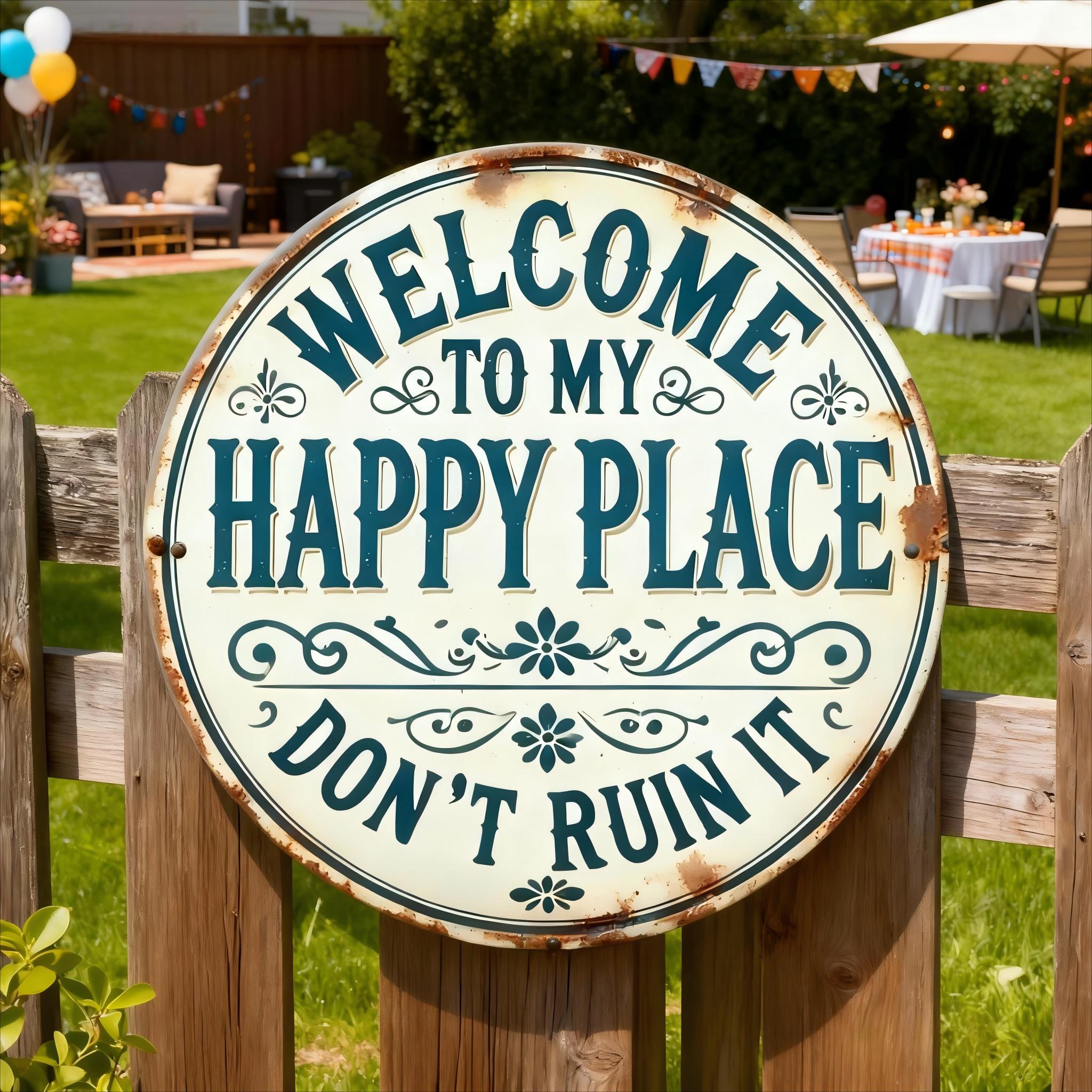 Vintage Rustic 'welcome to My Happy Place' Metal Sign – Whimsical Home ...