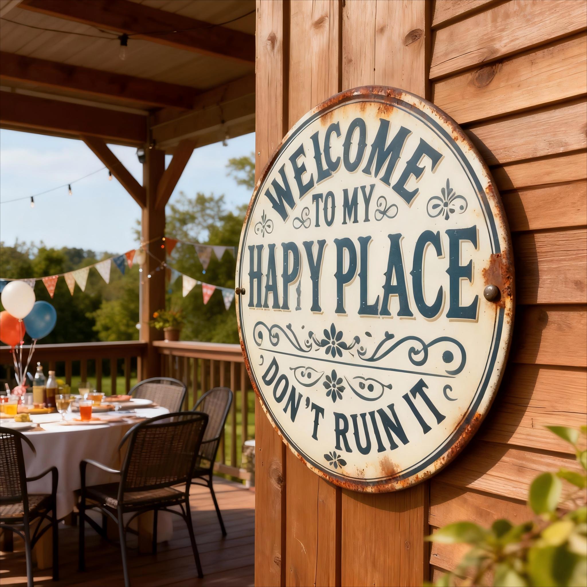 Vintage Rustic 'welcome to My Happy Place' Metal Sign – Whimsical Home ...