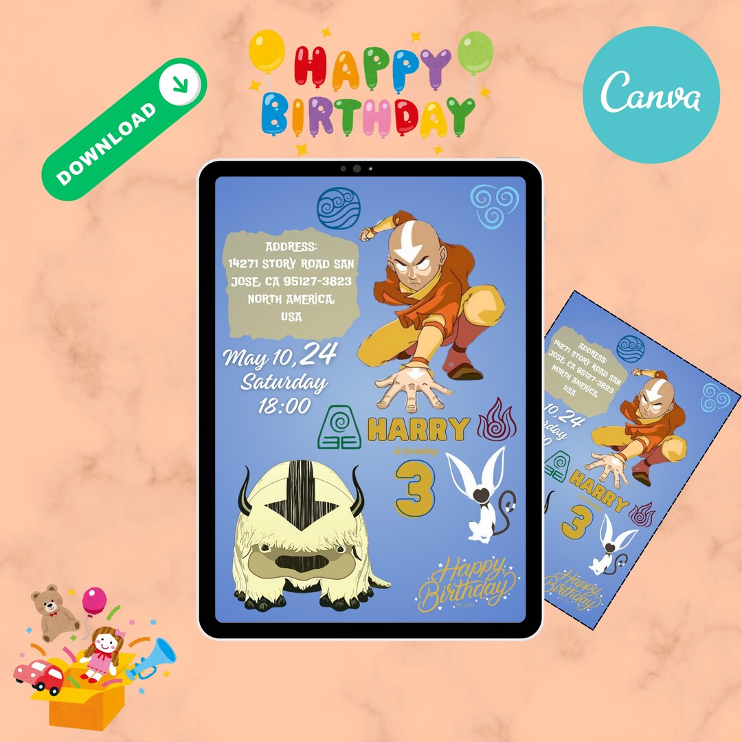 Airbender Birthday Invitation, Avatar Birthday Invitation for Kids ...