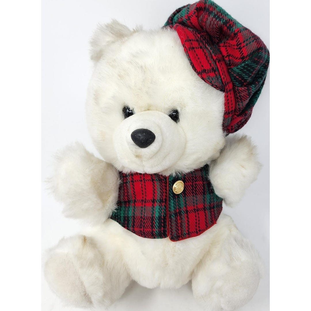 Jingle Bear Jr. White Teddy Bear Plush Puppet 12" Plaid Vest/hat ...