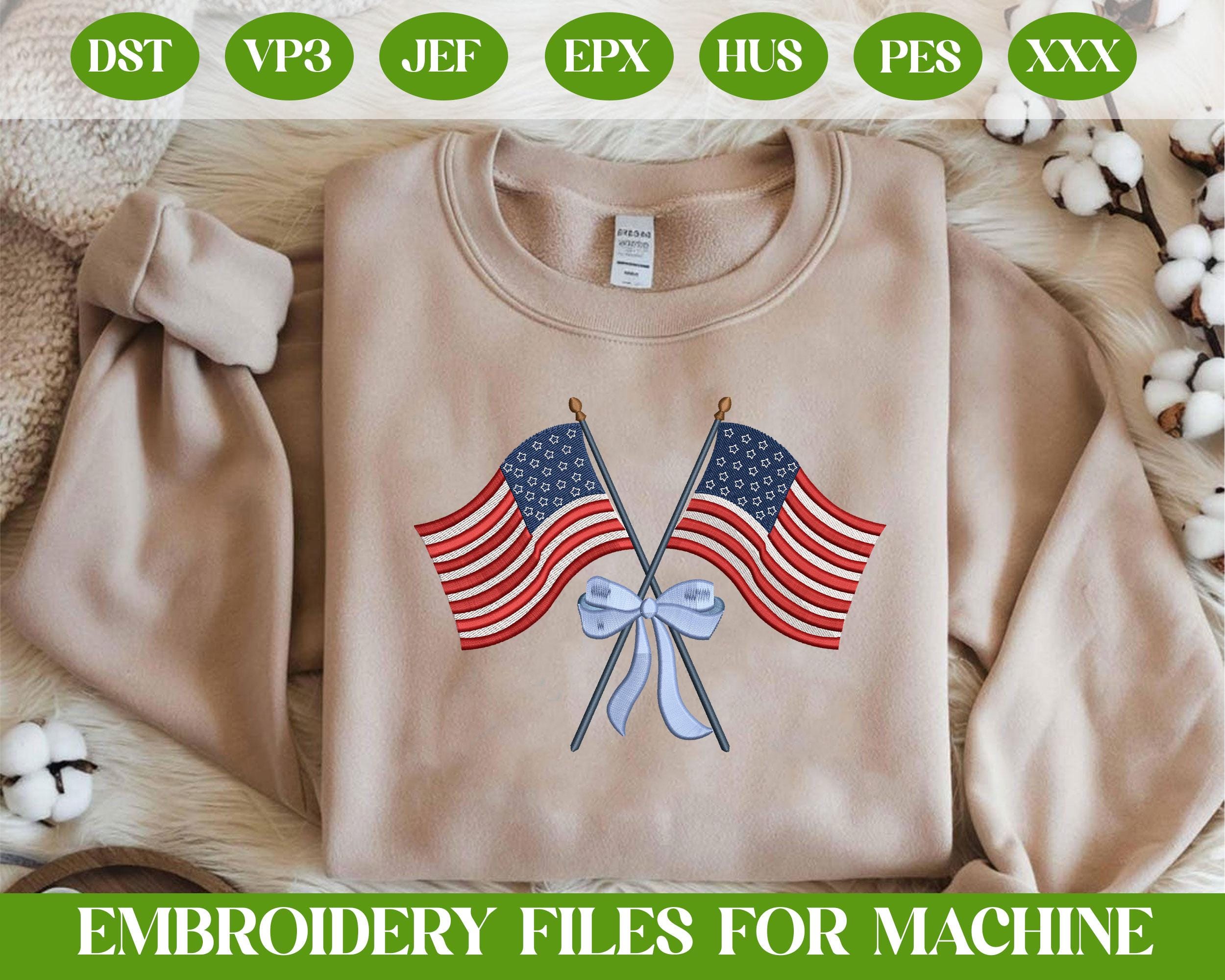 Crossed American Flags Embroidery Design With Light Blue Bow | USA ...