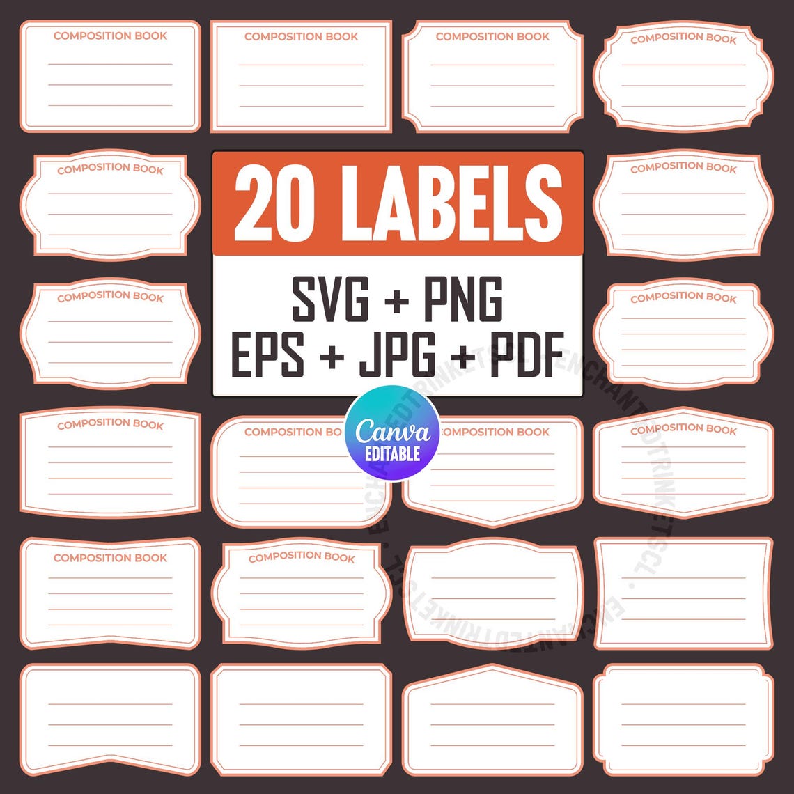 Editable Composition Book Label SVG, 20 Composition Notebook Labels ...