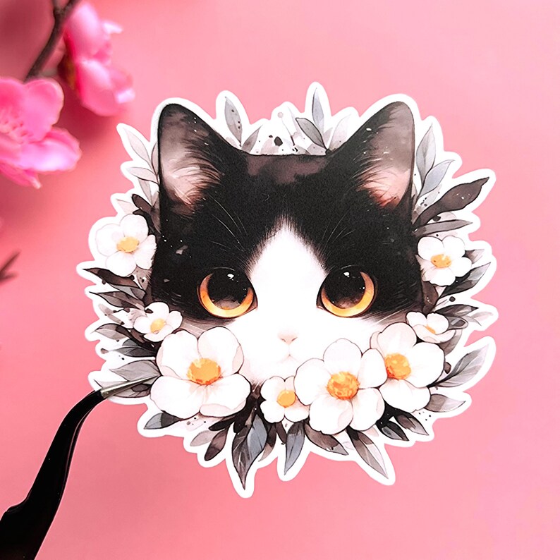Cute Black and White Cat Sticker, Floral Cat Vinyl Sticker, Kawaii ...