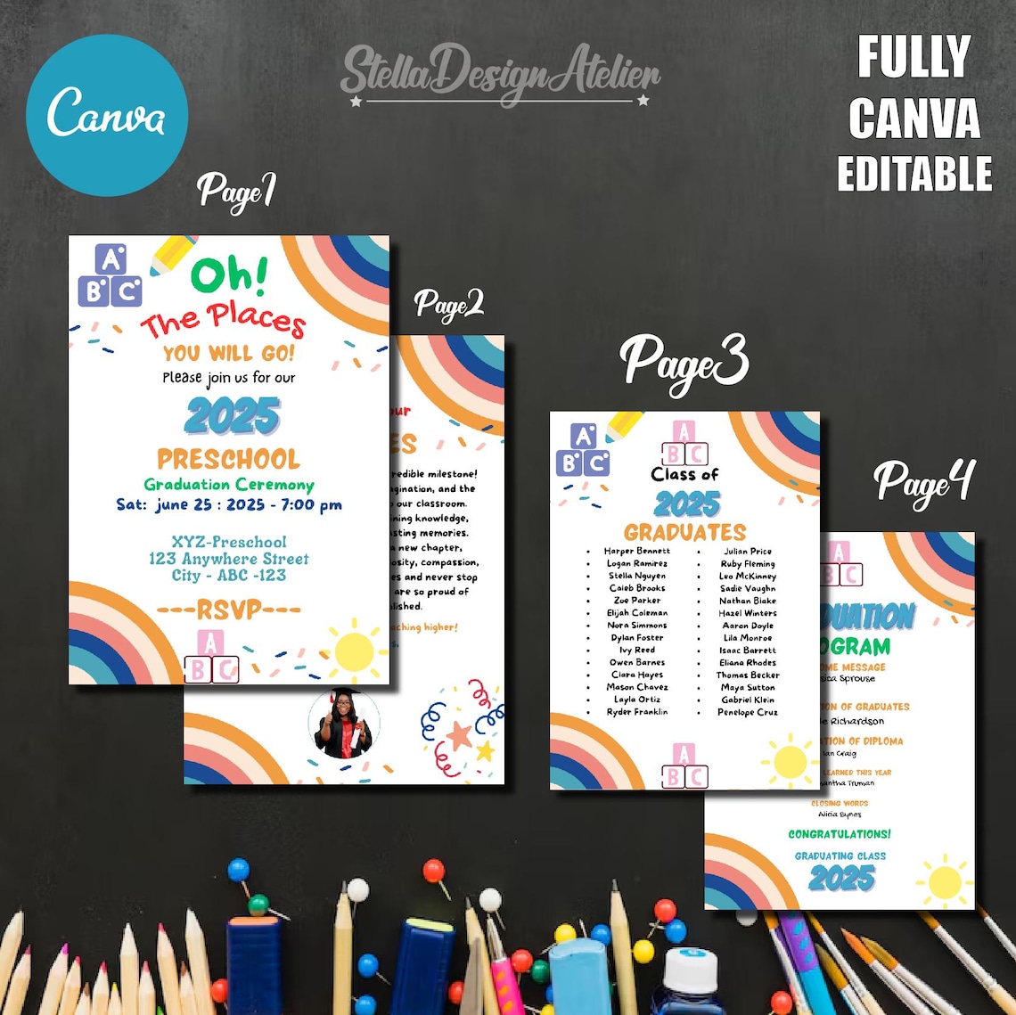 Preschool Graduation Program Template Save the Date Invitation Editable ...