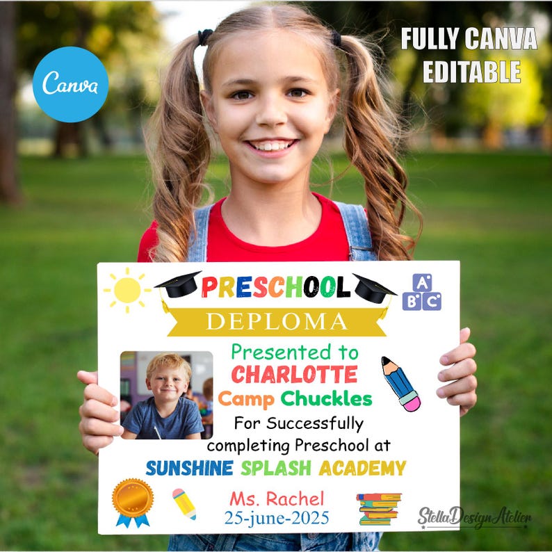 Canva Editable Preschool Diploma With Photo, Graduation Certificate ...