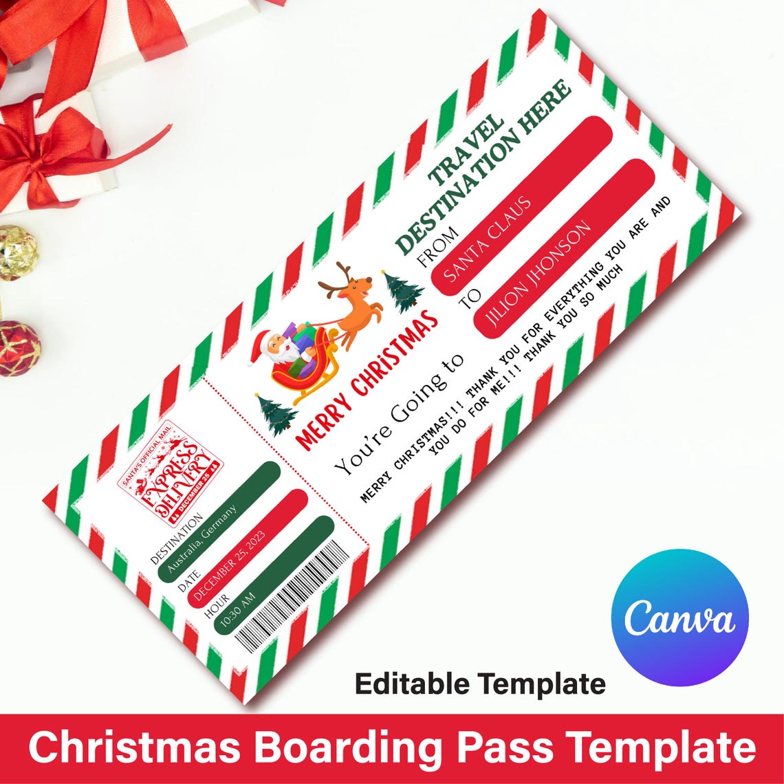 Christmas Boarding Pass Template, Editable Boarding Pass, Xmas Boarding ...