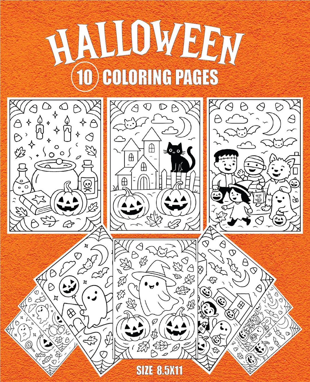 10 Halloween Coloring Pages Printable, Kids Halloween Activity, Spooky ...