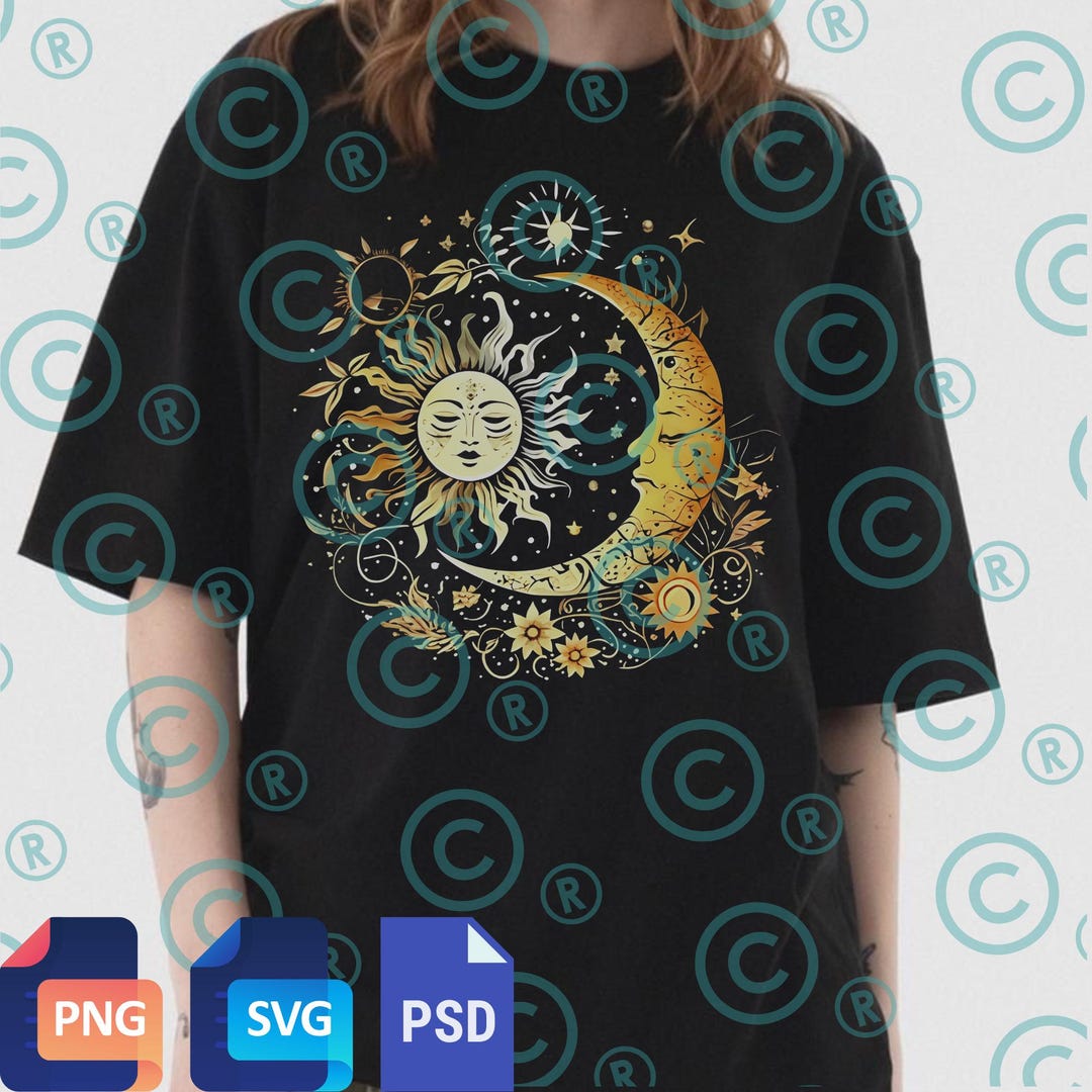 Sun Moon Floral PNG Svg, Boho Celestial Clipart, Cosmic Moon and Sun ...
