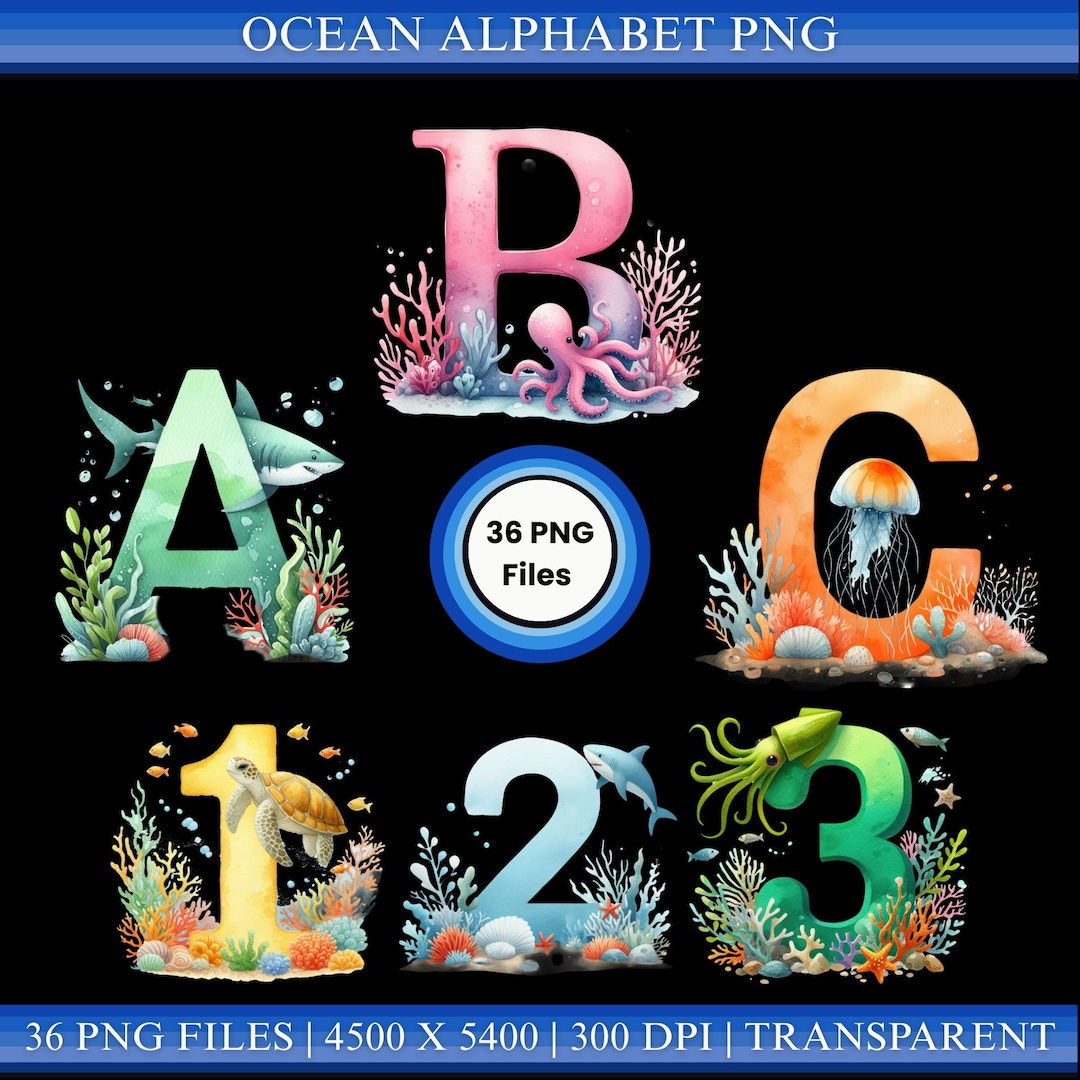 Sea Life Alphabet PNG – Ocean ABC Letters Numbers for Kids Nursery ...