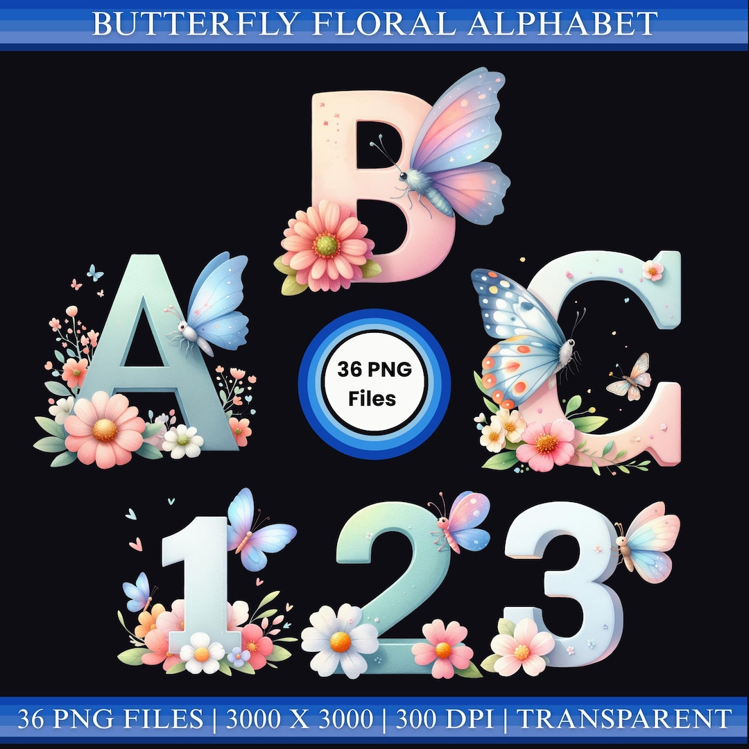 Butterfly Floral Alphabet PNG A–Z 0–9 | Pastel Spring Letters Numbers ...