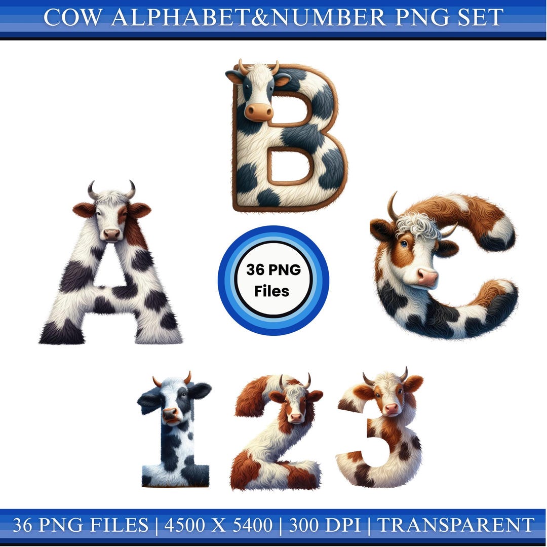 Cow Alphabet Letters & Numbers PNG Set | Farm Animal Craft Font ...