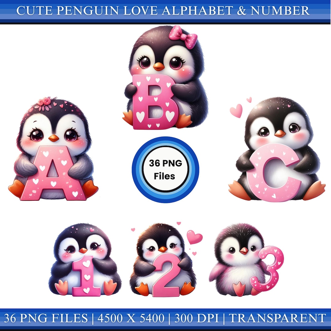 Penguin Love Alphabet PNG Set – Valentine Numbers, Letters (digital ...