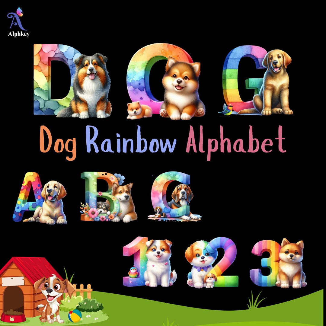 Rainbow Dog Alphabet & Numbers PNG | Cute Dog Letters A to Z + 0 to 9 ...