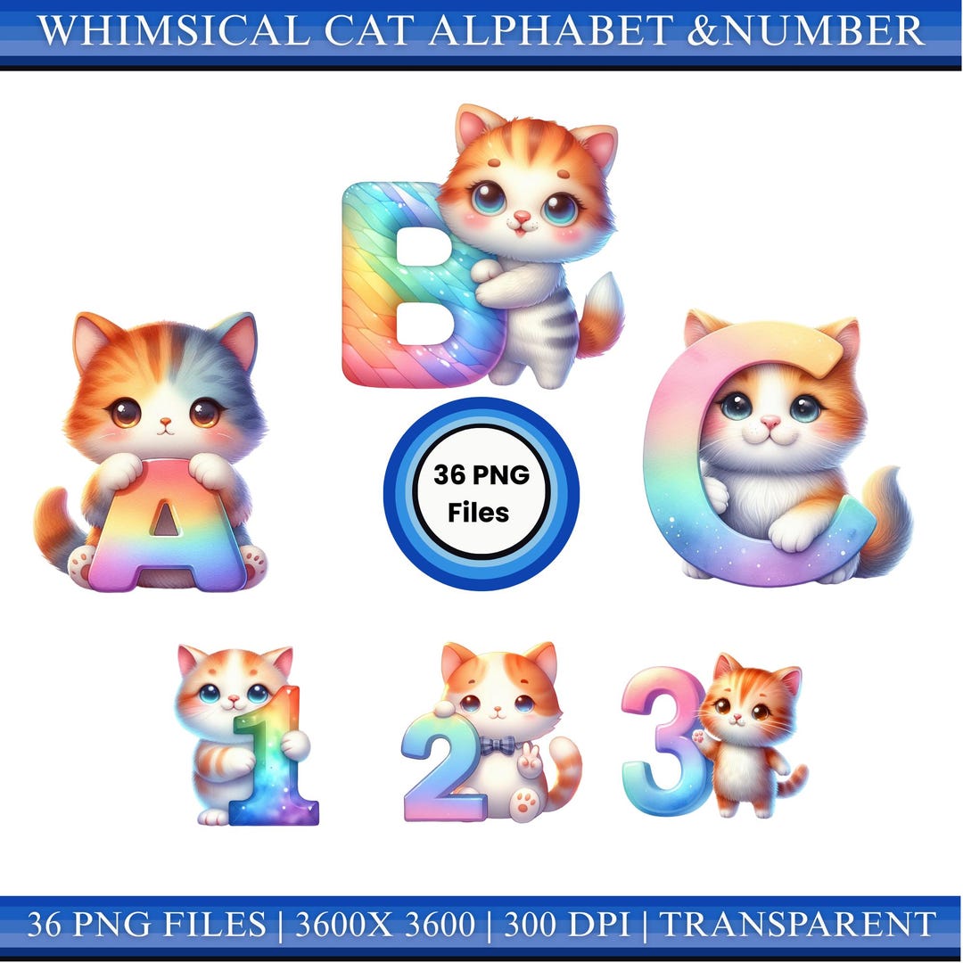 Whimsical Kitty Alphabet PNG, Cat ABC Letters Numbers Clipart, Nursery ...