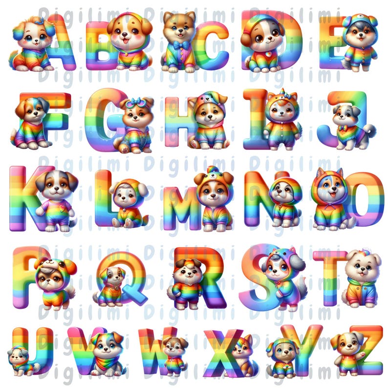 Rainbow Dog Alphabet PNG A–Z 0–9 Puppy Letter Set - Etsy
