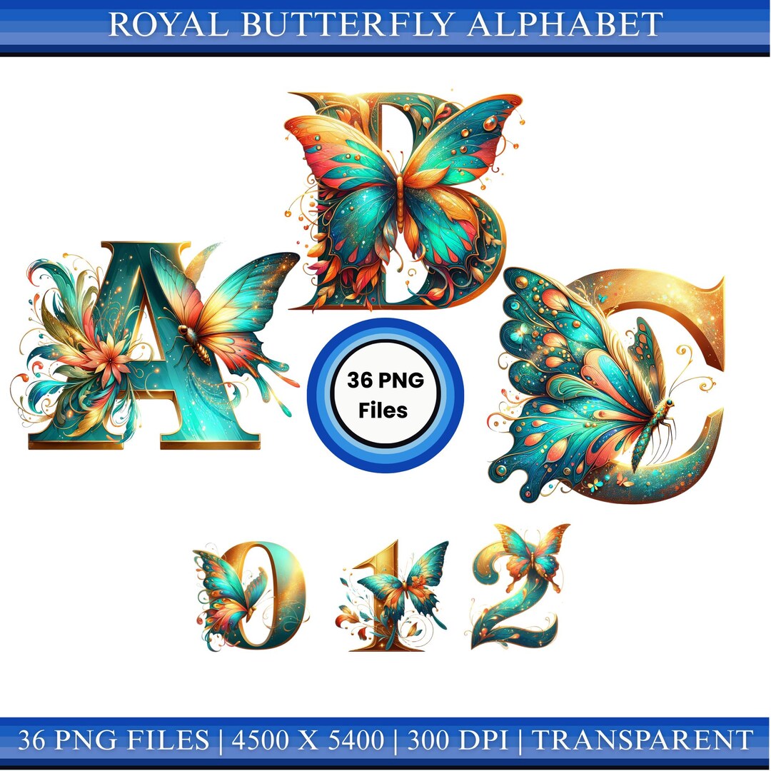 Butterfly Letters A-Z Numbers 0-9 PNG | Royal Alphabet for Kids Crafts ...