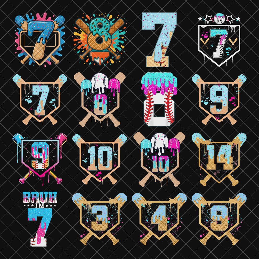 Baseball Birthday PNG Numbers 3-14 Bundle Png| Drip Ice Cream Baseball ...