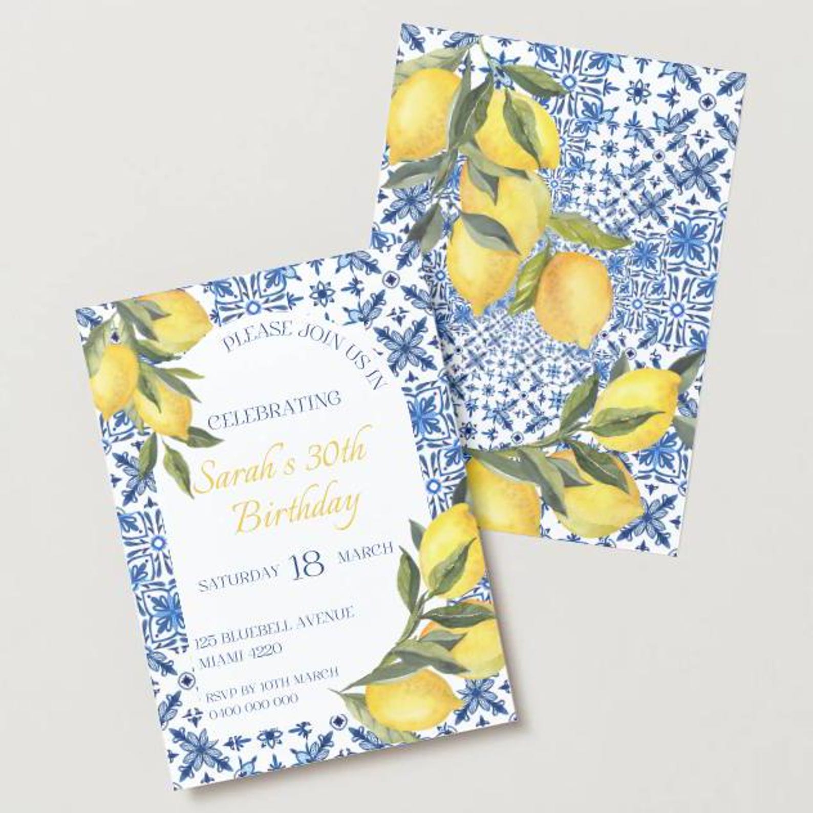 Mediterranean Lemon Birthday Invitation Template Italian Blue Tiles ...