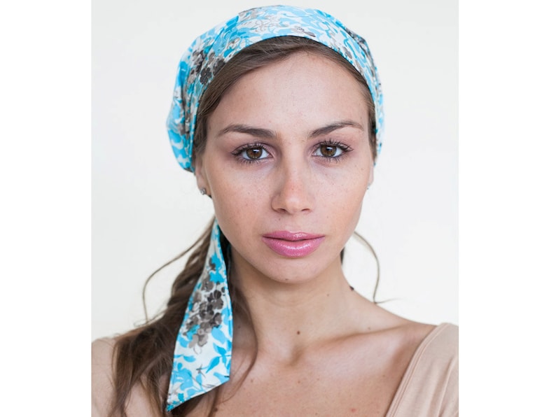 Floral Headscarf, Blue Hair Tie Scarf, Silk Cotton Headwrap Head ...
