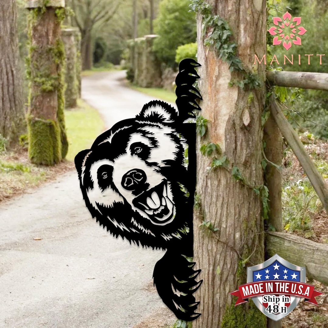 Whimsical Peeking Bear Metal Sign, Funny Bold Bear Metal Art, Outdoor ...