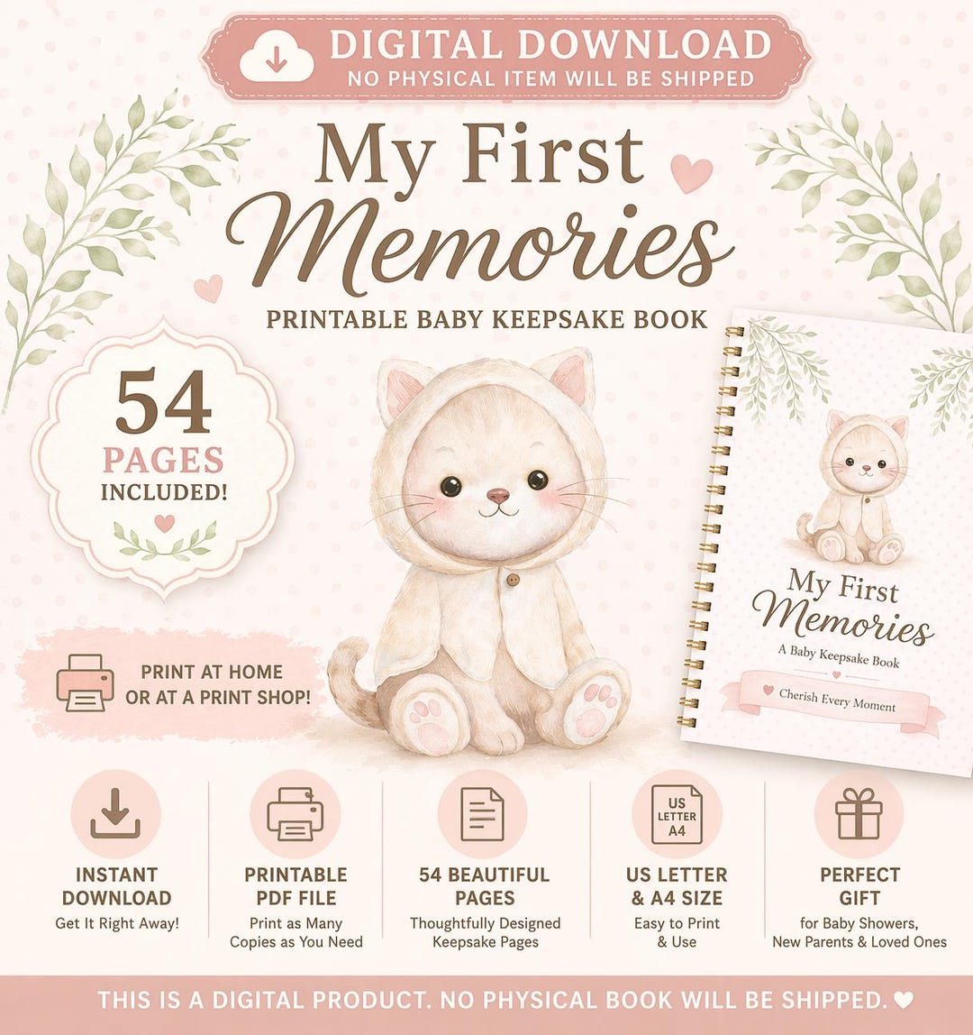 Printable Baby Memory Book, First Year Keepsake Journal, 54 Pages ...